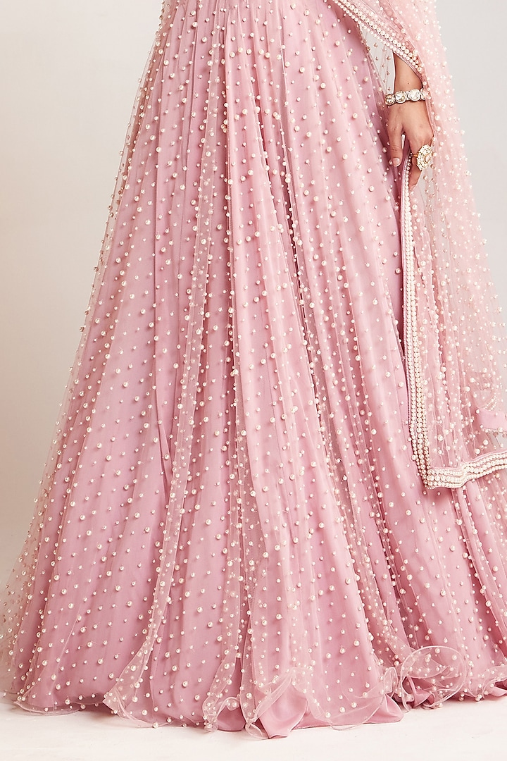 Powder Pink Pearl Embellished Wedding Lehenga Set by Vvani By Vani Vats ...