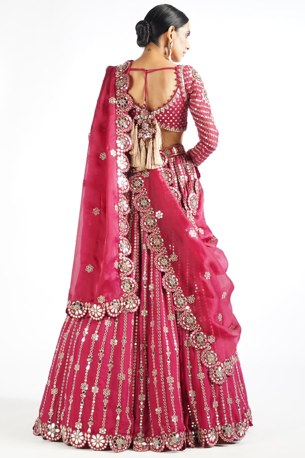Fuchsia Georgette Mirror Embellished Bridal Lehenga Set By Vvani By