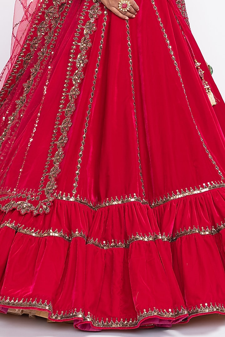 Red Velvet Hand Embroidered Wedding Lehenga Set by Vvani by Vani Vats ...