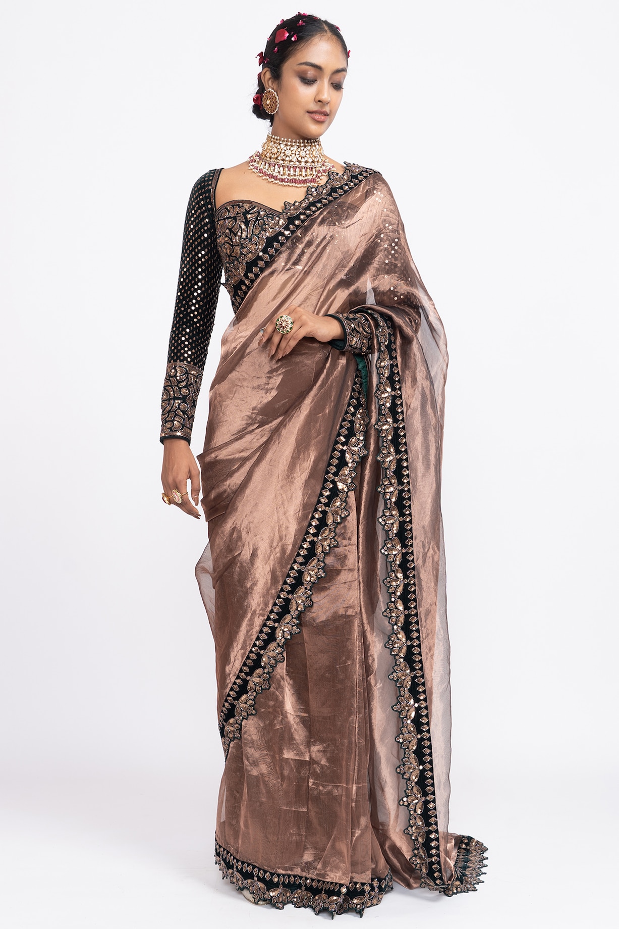 Copper Tissue Hand Embroidered Saree Set by Vvani by Vani Vats at ...
