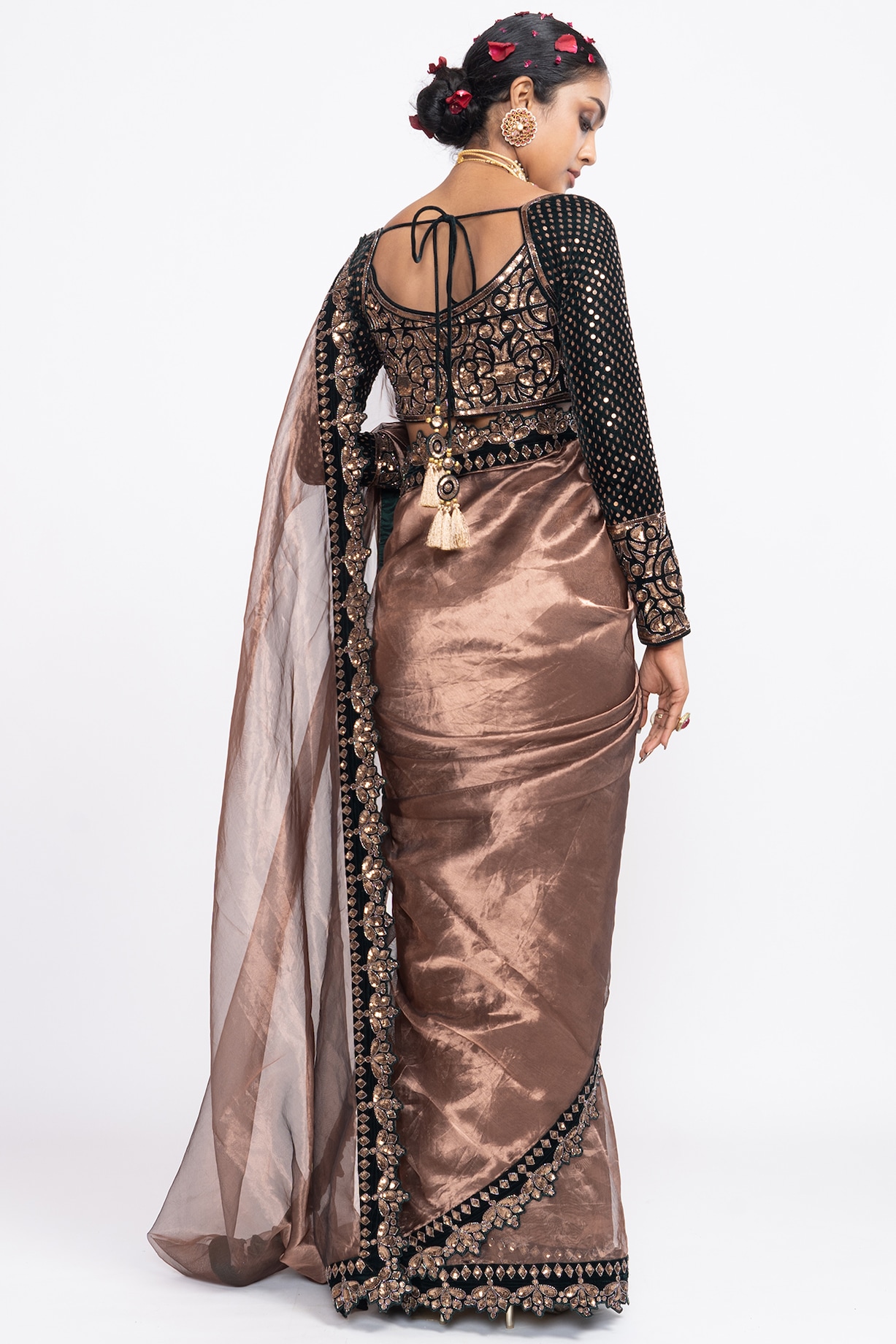 Copper Tissue Hand Embroidered Saree Set by Vvani by Vani Vats at ...