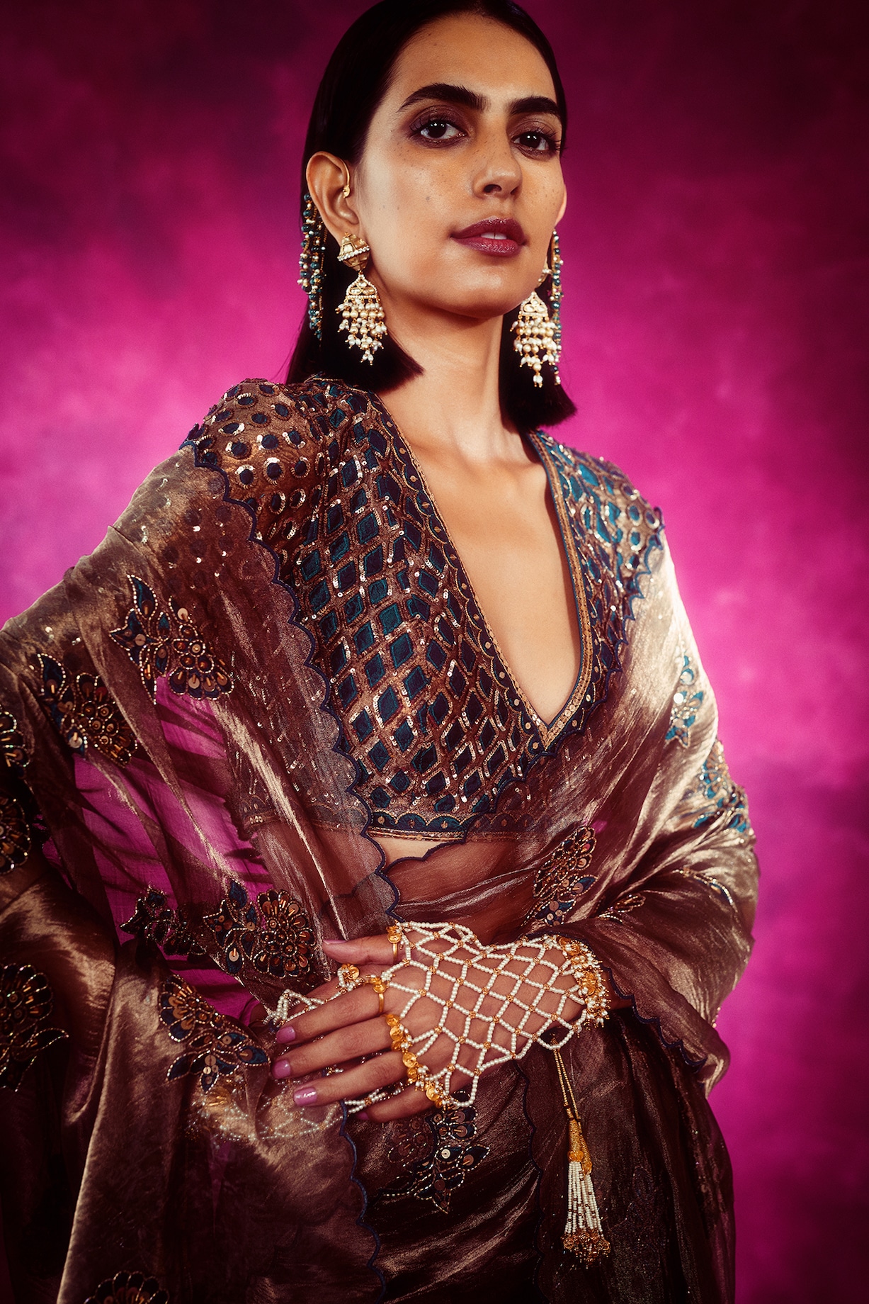 Copper & Teal Tissue Zari Embroidered Saree Set by Vvani By Vani Vats ...