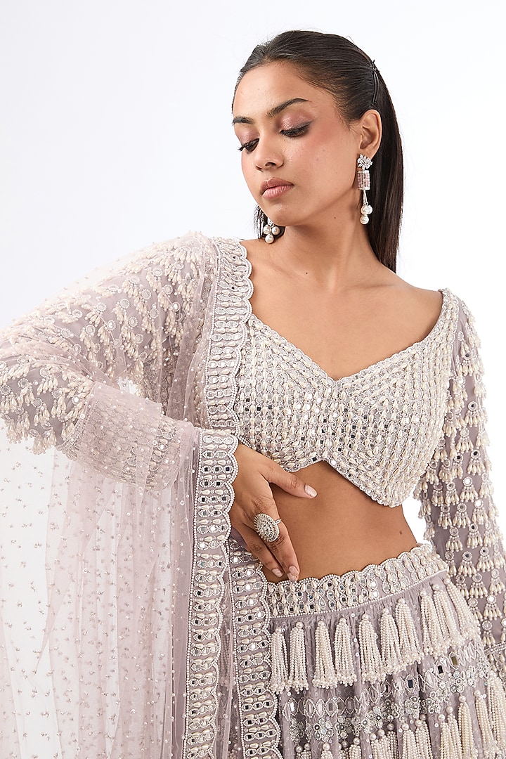 Ash Pink Georgette Pearl Work Bridal Lehenga Set by Vvani by Vani Vats at Pernia's Pop Up Shop 2025