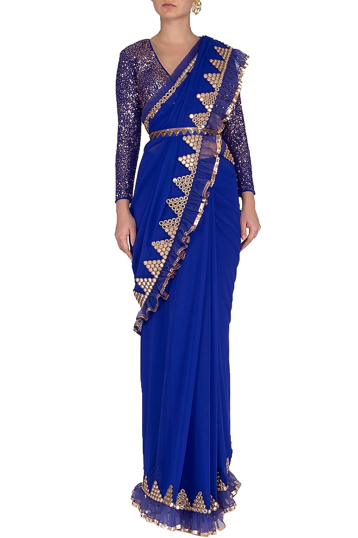 Royal Blue Georgette Embroidered Frill Saree Set by Vvani by Vani Vats ...