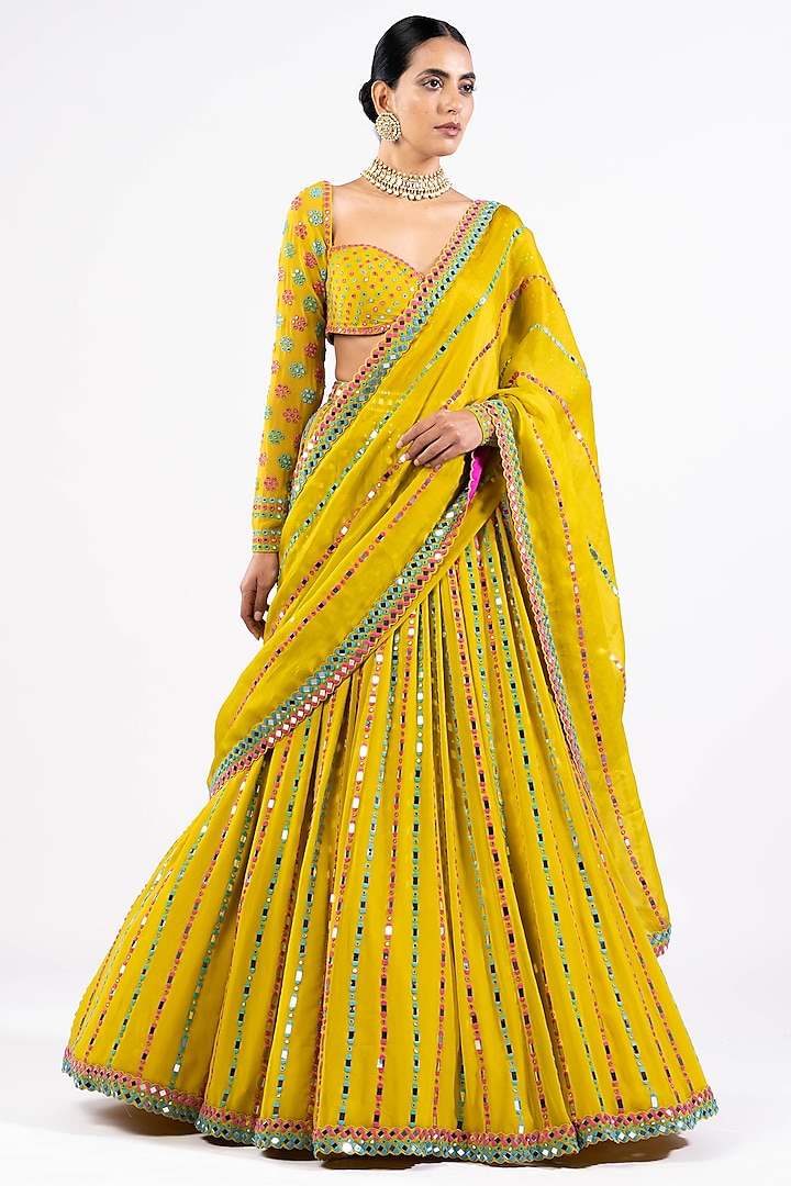 Mustard Georgette Mirror Embellished Bridal Lehenga Set by Vvani by ...