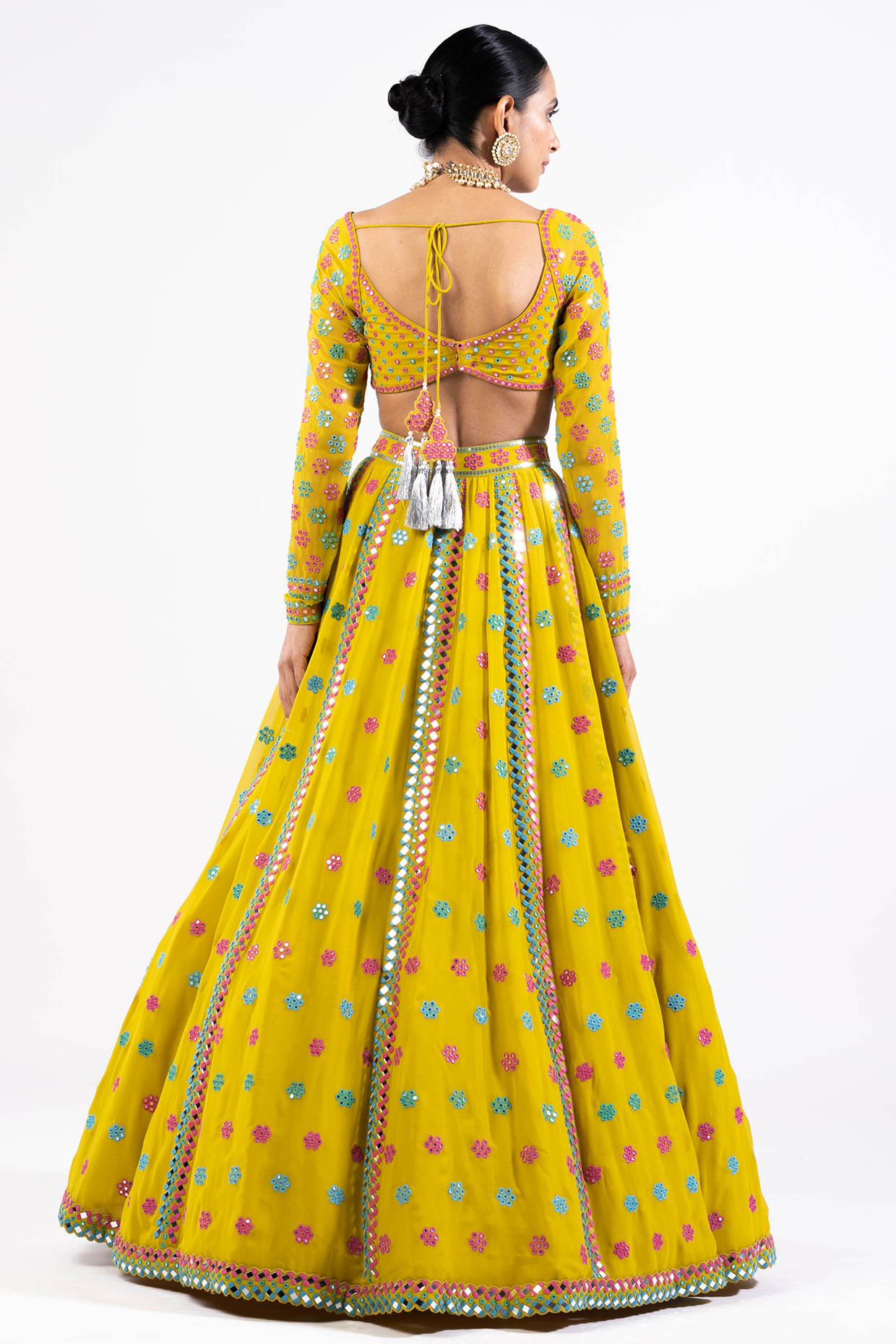 Mustard Georgette Mirror Embellished Bridal Lehenga Set By Vvani By