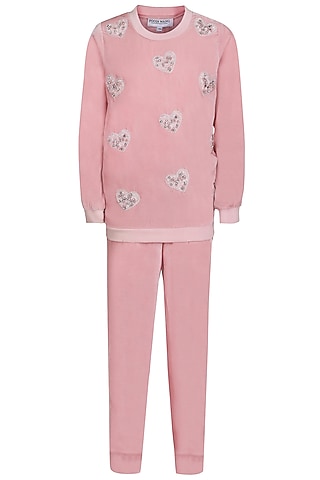 Onion Pink Velvet Embroidered Co-Ord Set For Girls by Pooja Wang at ...