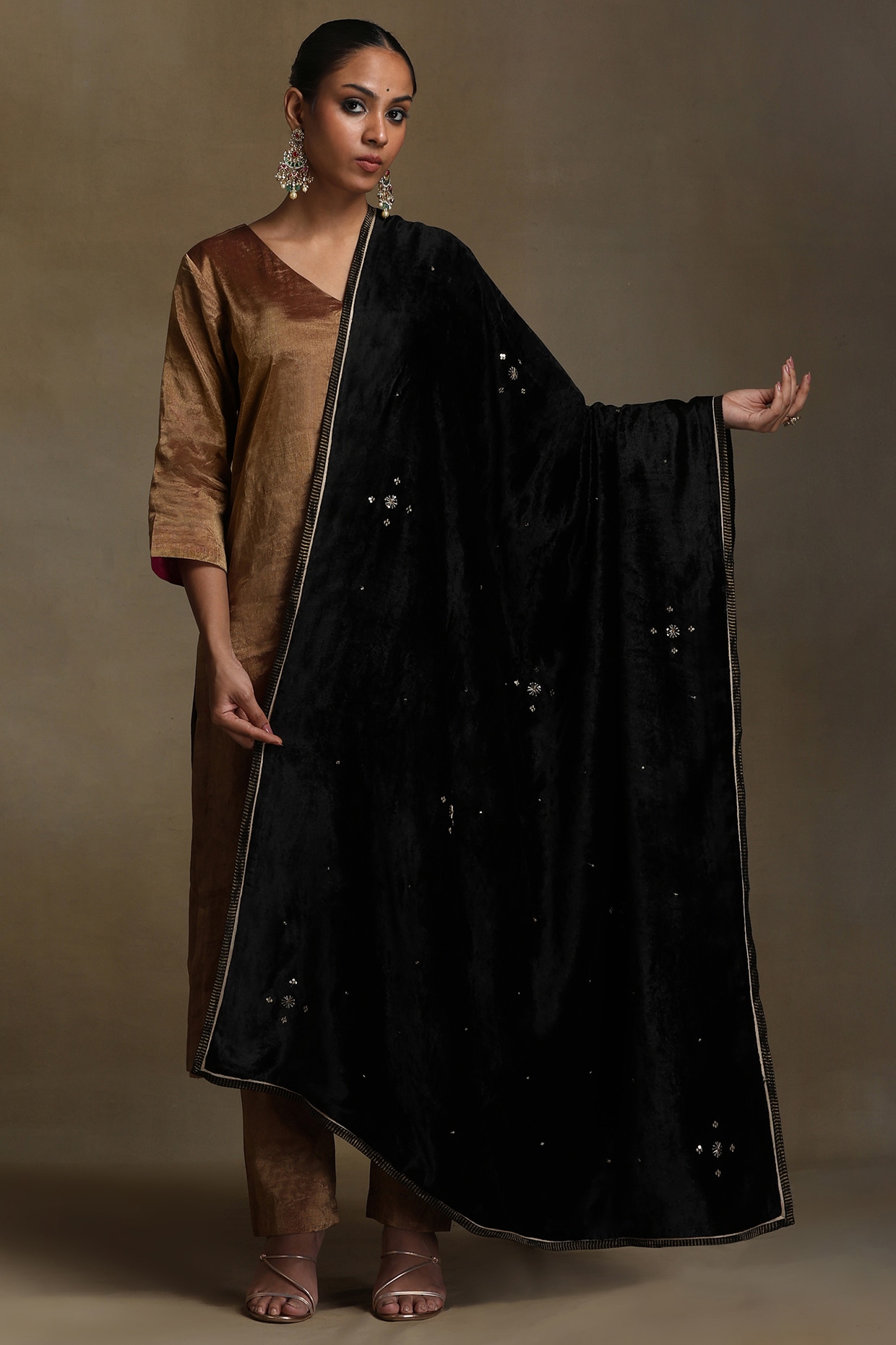 Black Silk Velvet Hand Embroidered Dushala by Weaverstory at Pernia's ...