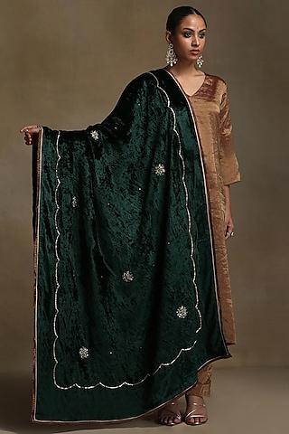 Bottle Green Silk Velvet Hand Embroidered Dushala by Weaverstory at ...