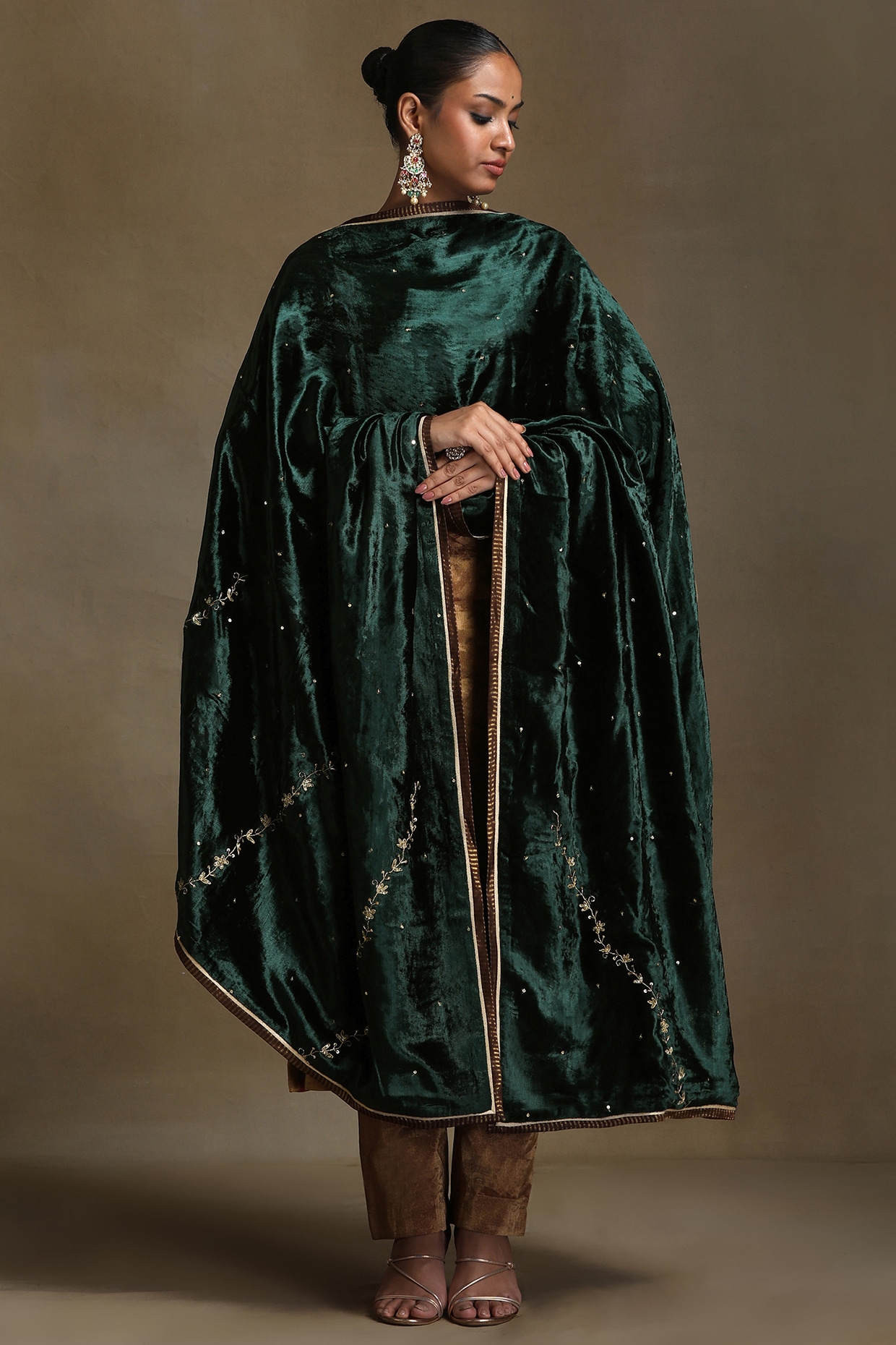 Bottle Green Silk Velvet Hand Embroidered Dushala by Weaverstory at ...