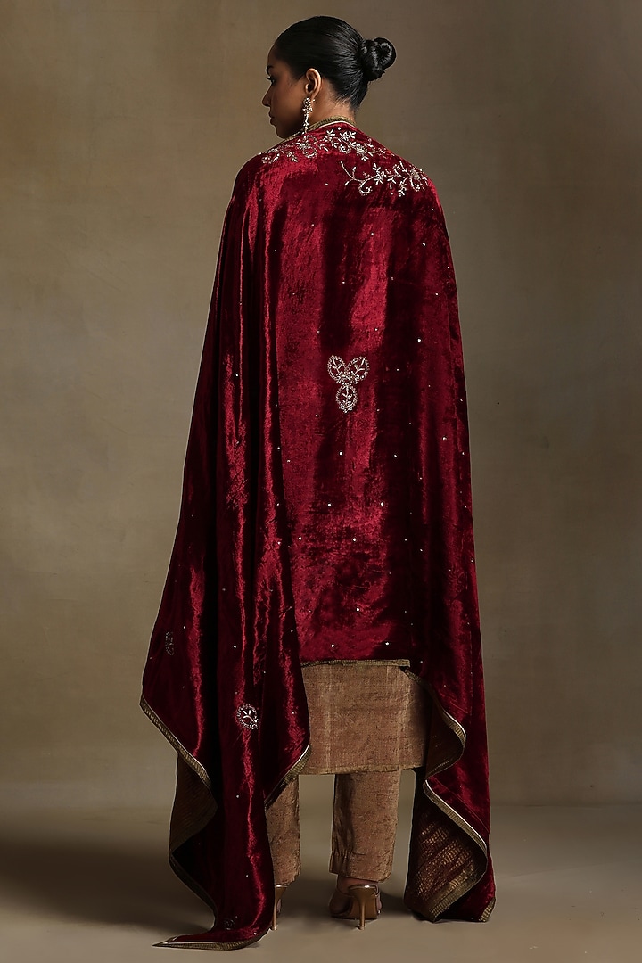 Red Silk Velvet Hand Embroidered Dushala by Weaverstory at Pernia's Pop ...