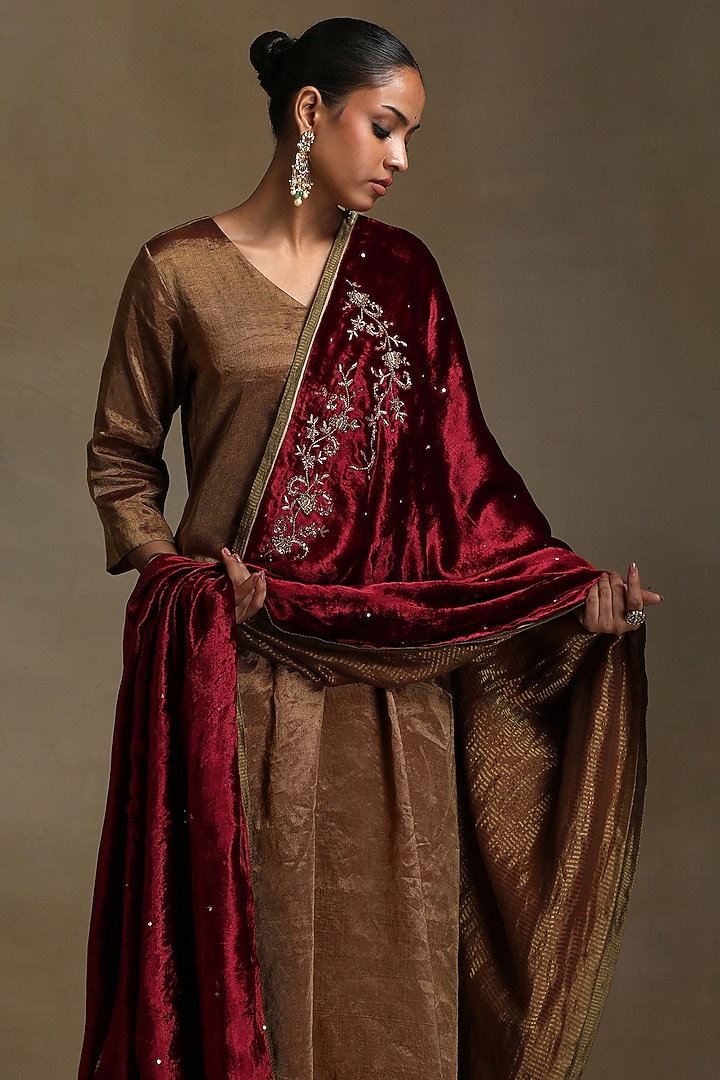 Red Silk Velvet Hand Embroidered Dushala by Weaverstory at Pernia's Pop ...