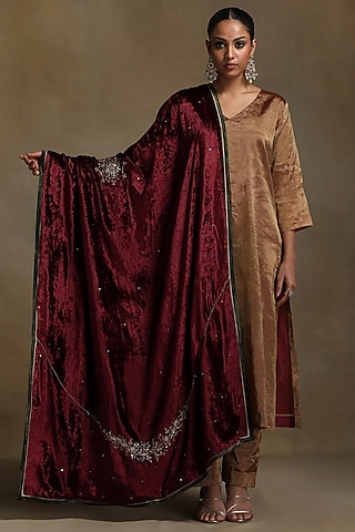 Brown Silk Velvet Hand Embroidered Dushala by Weaverstory at Pernia's ...