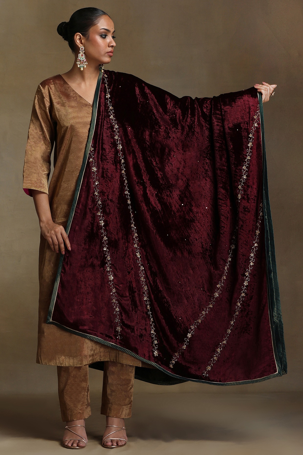 Wine Silk Velvet Hand Embroidered Dushala by Weaverstory at Pernia's ...