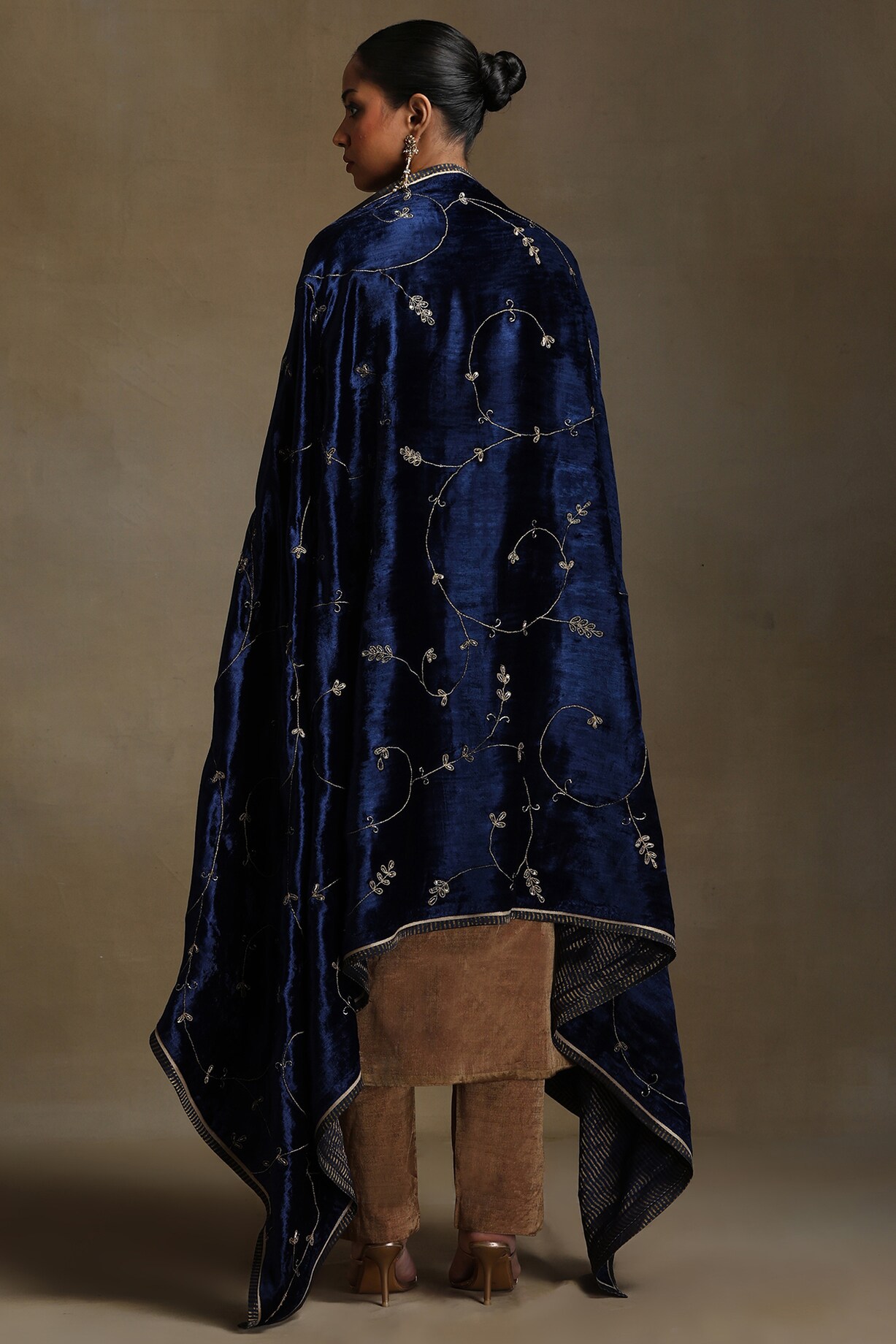 Blue Silk Velvet Hand Embroidered Dushala by Weaverstory at Pernia's ...