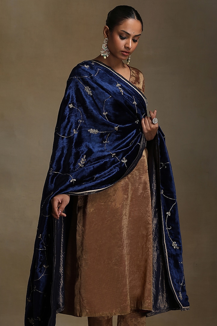 Blue Silk Velvet Hand Embroidered Dushala by Weaverstory at Pernia's ...
