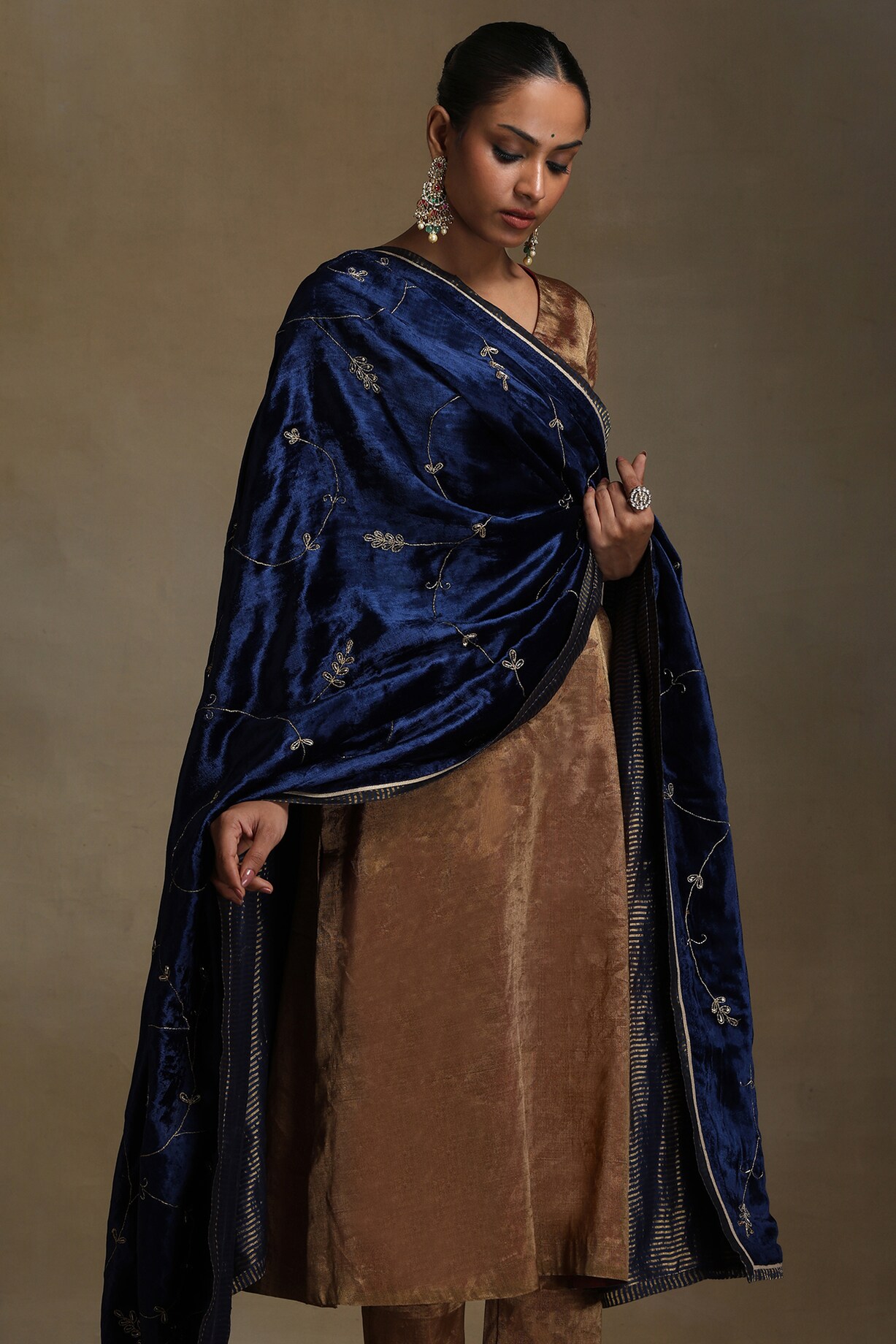 Blue Silk Velvet Hand Embroidered Dushala by Weaverstory at Pernia's ...