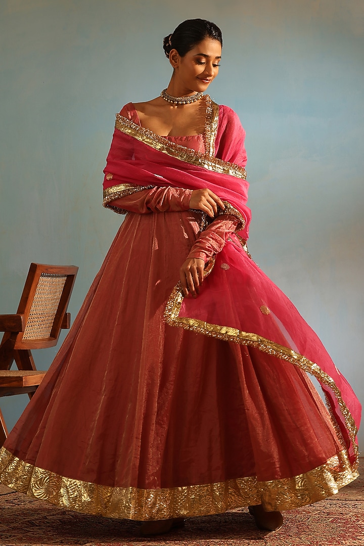 Pink Tissue Silk Hand Embroidered Anarkali Set by Weaverstory at Pernia ...