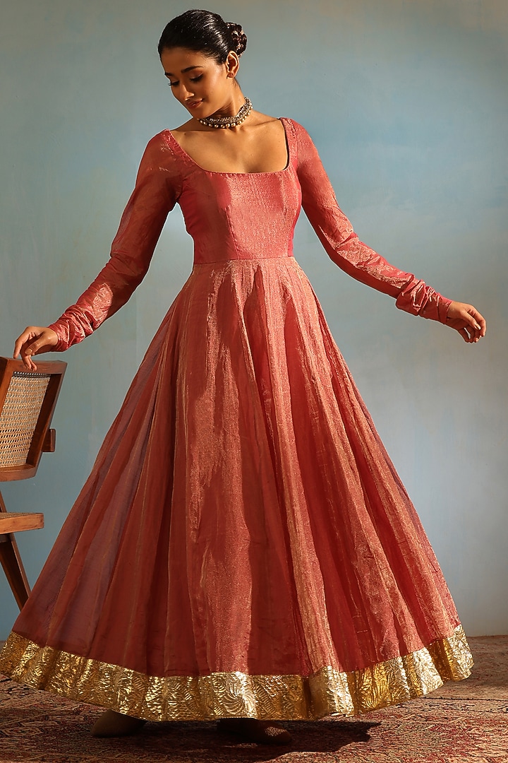 Pink Tissue Silk Hand Embroidered Anarkali Set by Weaverstory at Pernia ...