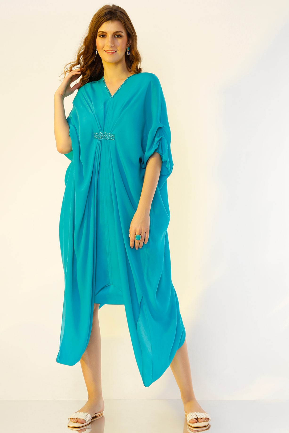 Turquoise Pleated Kaftan by Wendell Rodricks at Pernia's Pop Up Shop 2026