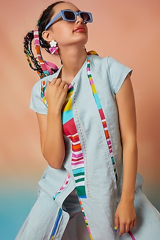 Pale Blue Linen High Slit Tunic by Wendell Rodricks at Pernia's Pop Up ...