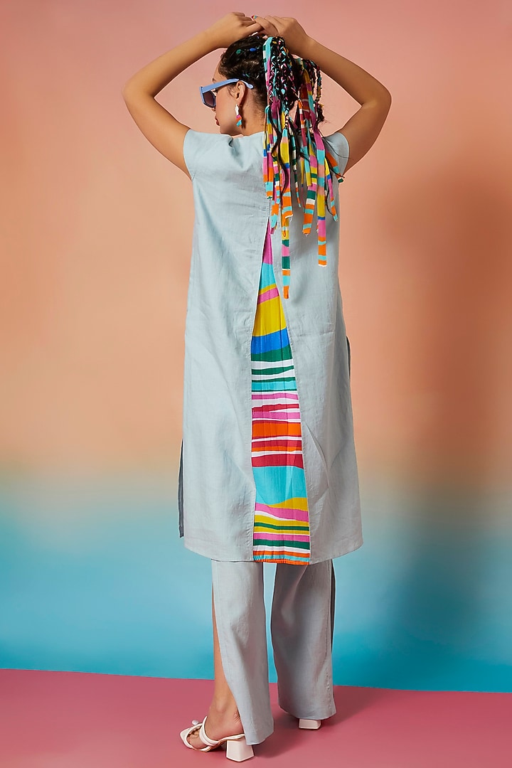 Pale Blue Linen High Slit Tunic & Side Slit Pants by Wendell Rodricks ...