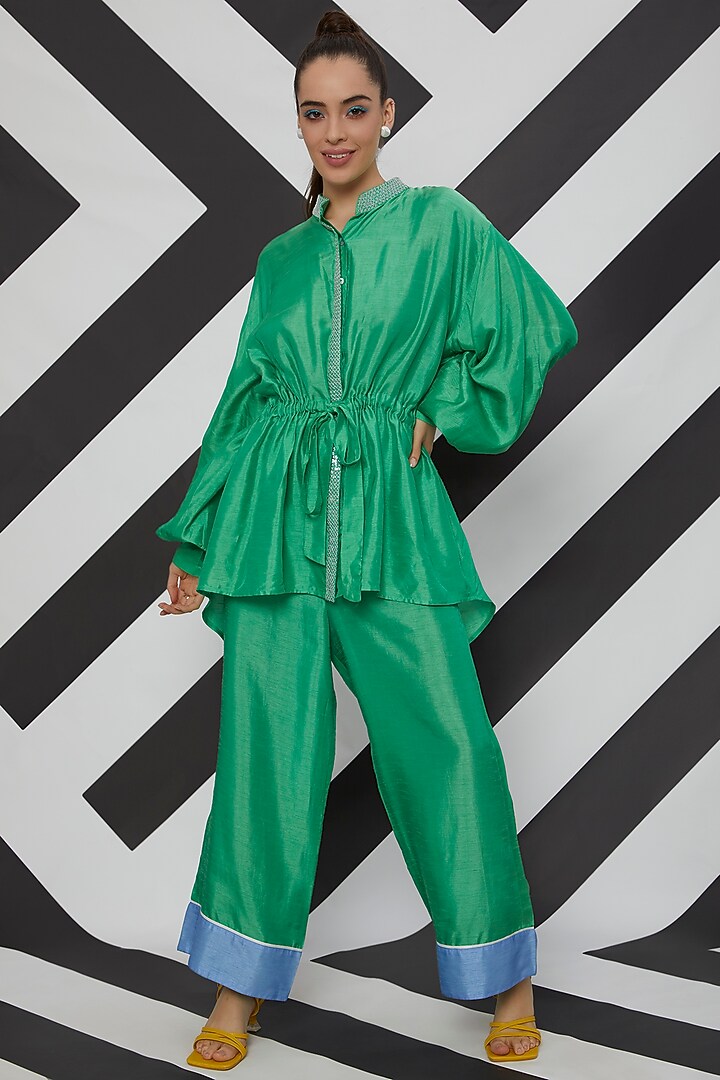 Emerald Green Satin Linen Co-Ord Set Design by Wendell Rodricks at ...