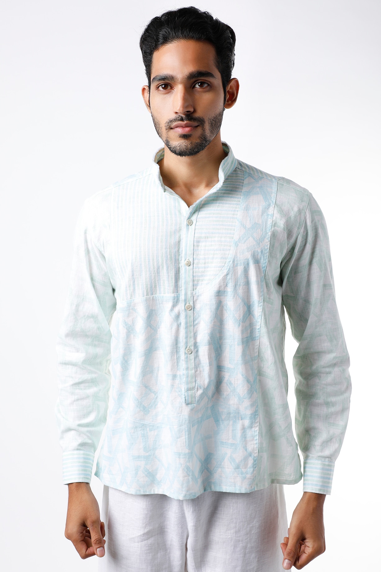 Aqua Geometrical Printed Shirt Kurta by Wendell Rodricks Men at Pernia ...
