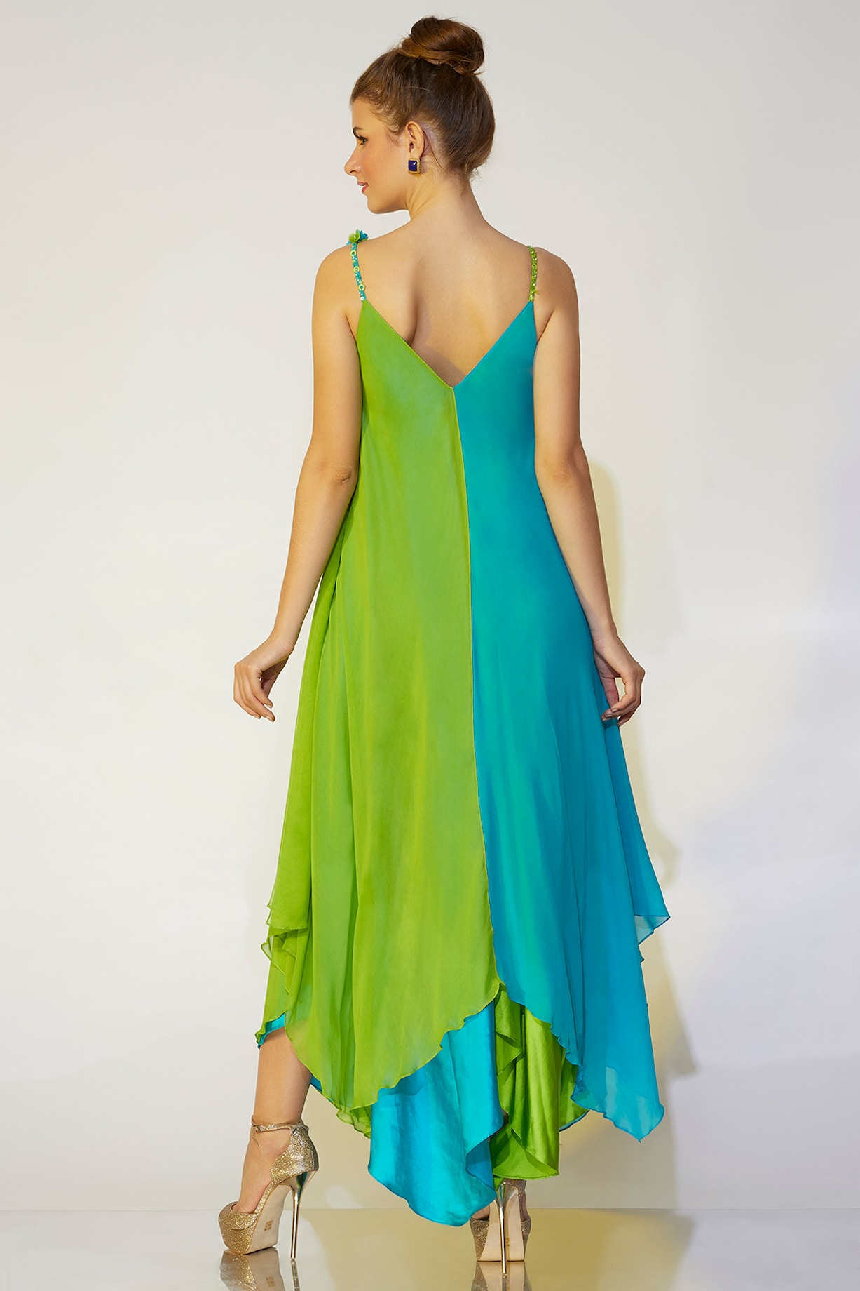 Turquoise & Neon Green Asymmetrical Gown by Wendell Rodricks at Pernia ...