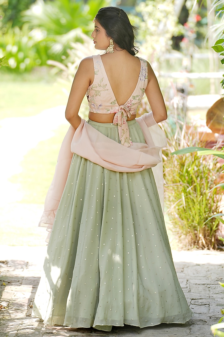 Sage Green Georgette Sequins Embellished Lehenga Set by The House of Ta ...
