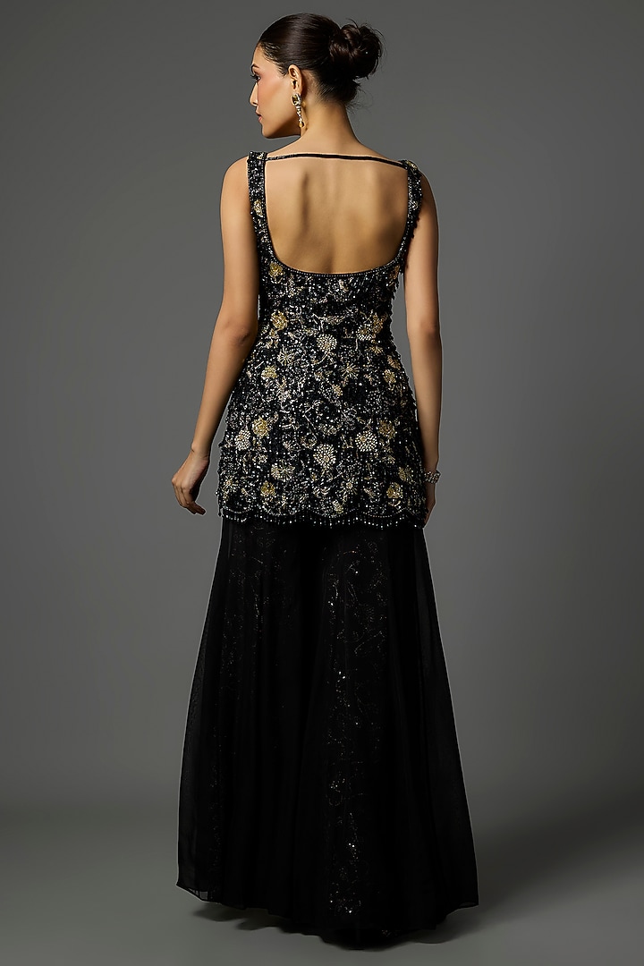 Black Pure Crepe Cutdana Embroidered Kurta Set by Krishna Padia at ...