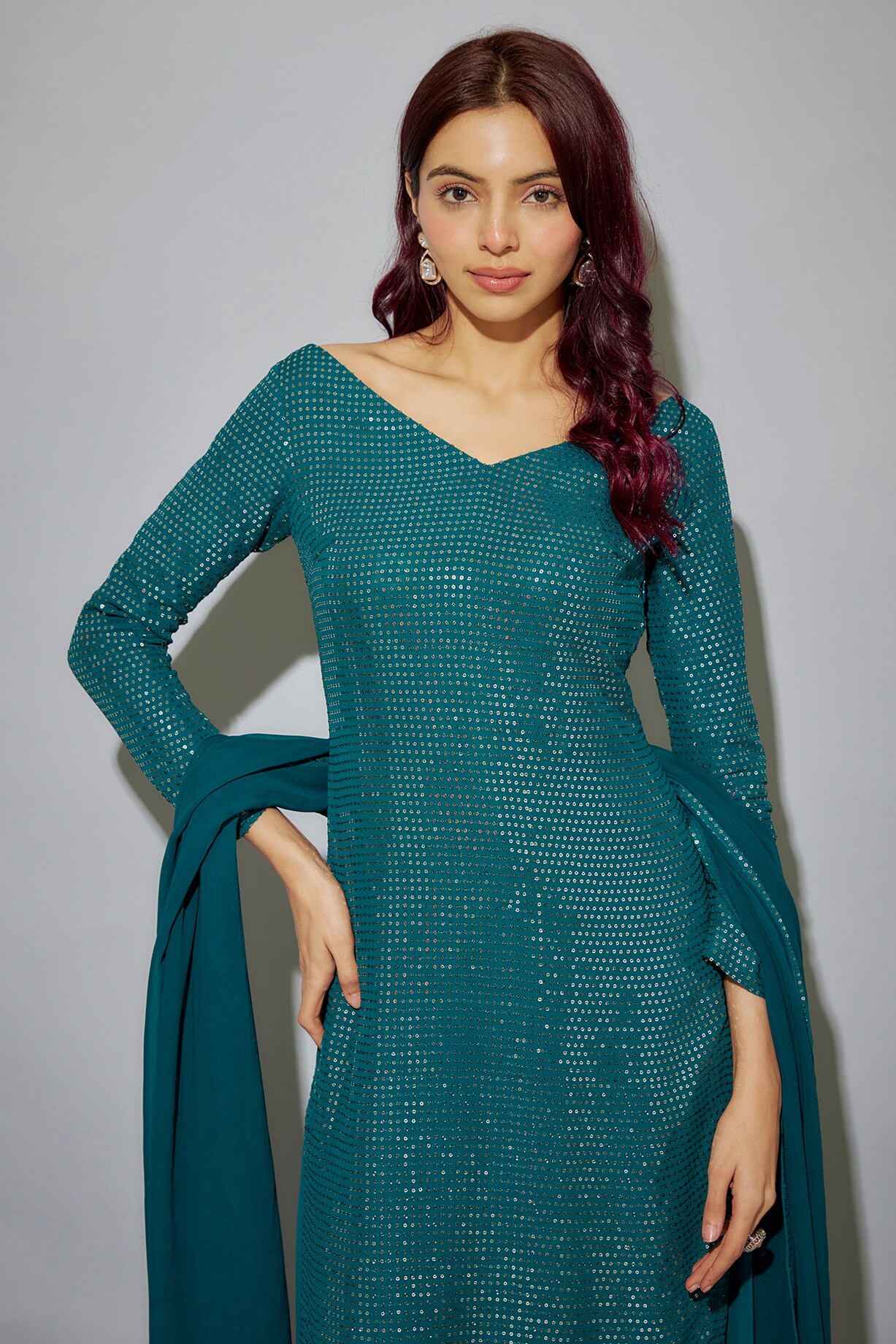 Teal Blue Georgette Sequins Embroidered Kurta Set by Krishna Padia at ...