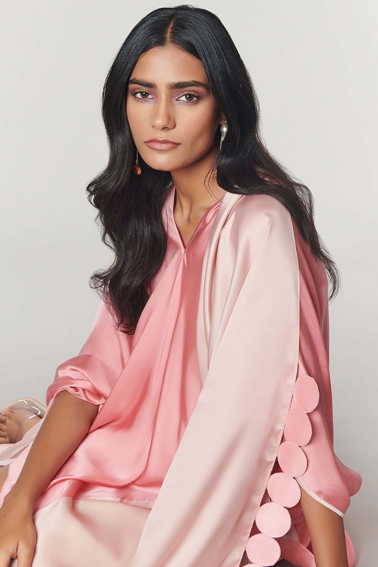 Salmon Pink & Blush Scalloped Detailed Draped Sash Dress by Amit ...