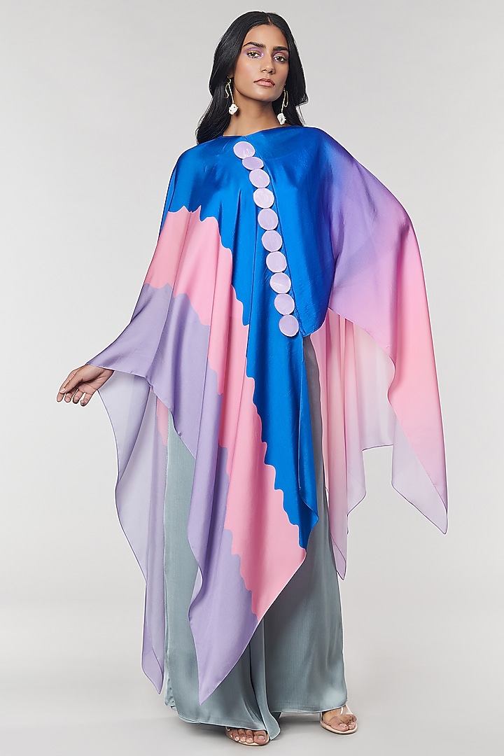 Blue Ombre Printed Scalloped Detailed Cape Top by Amit Aggarwal X ...