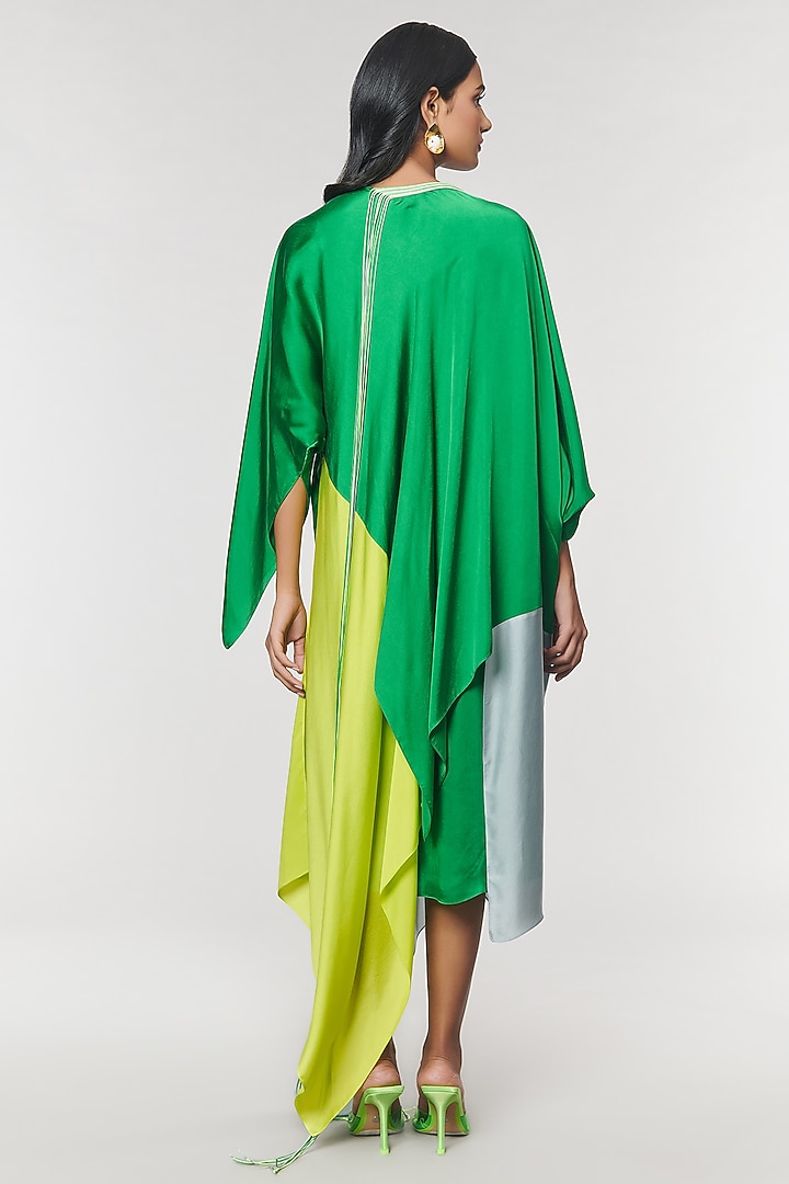 Neon & Green Colorblock Fringed Neckline Asymmetrical Dress by Amit ...