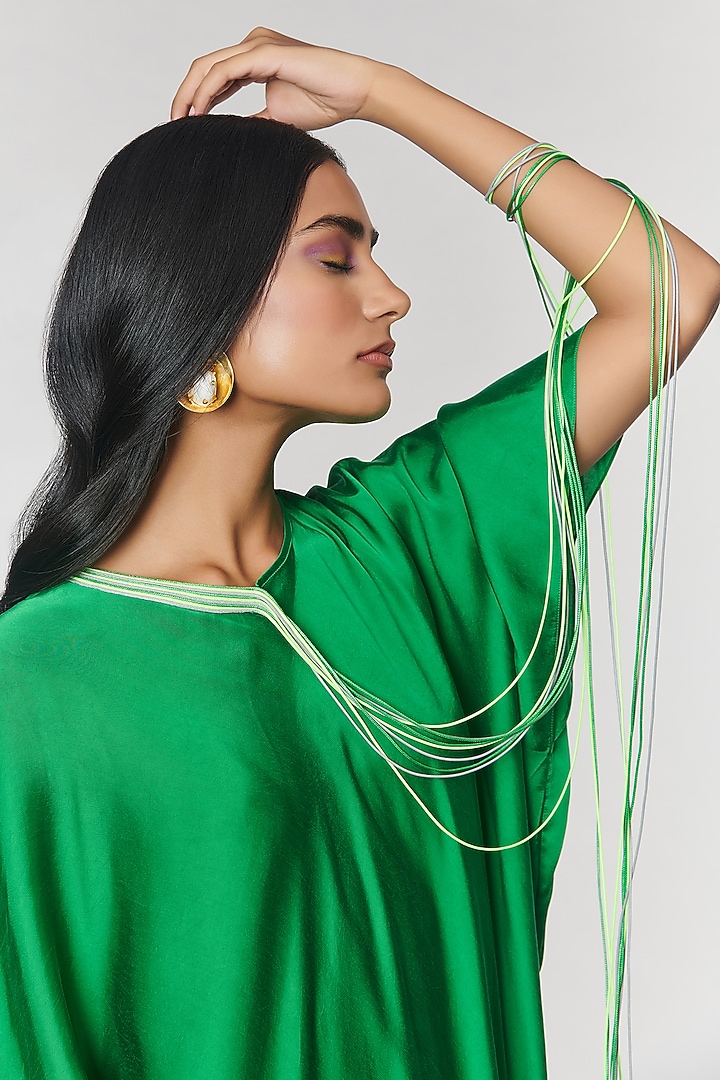 Neon & Green Colorblock Fringed Neckline Asymmetrical Dress by Amit ...