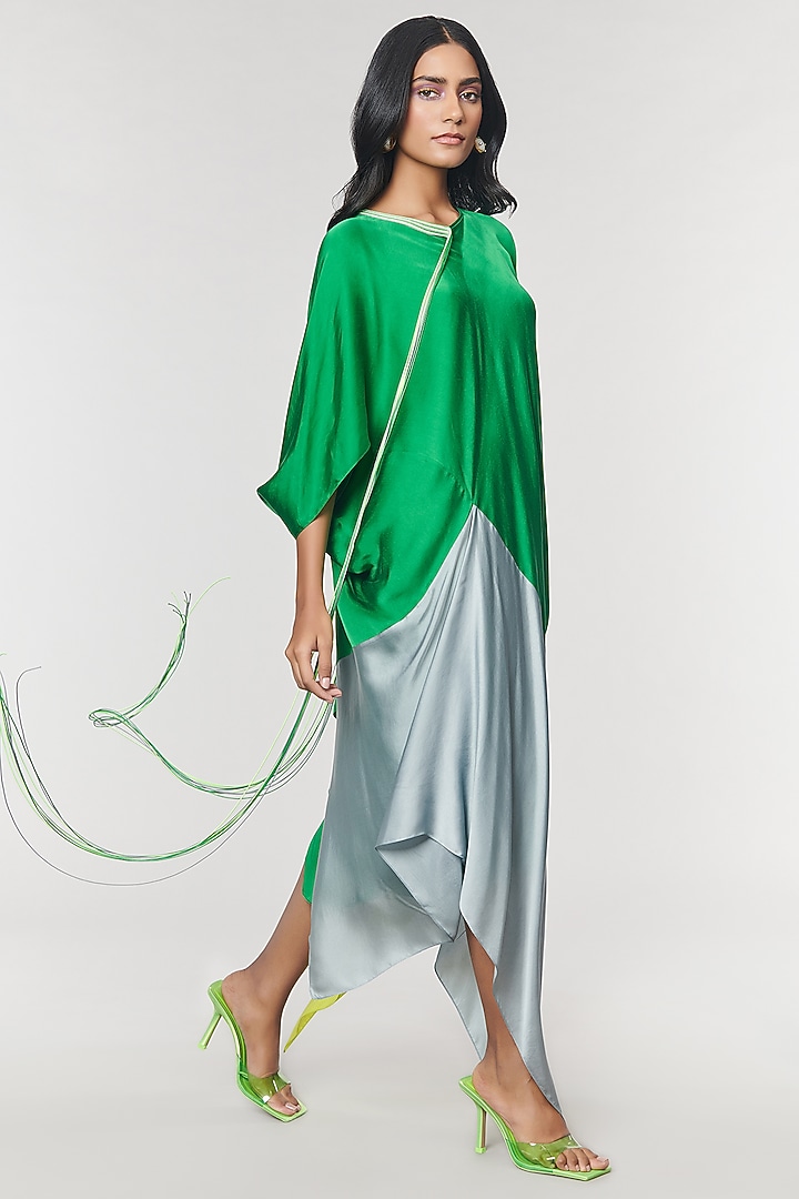 Neon & Green Colorblock Fringed Neckline Asymmetrical Dress by Amit ...