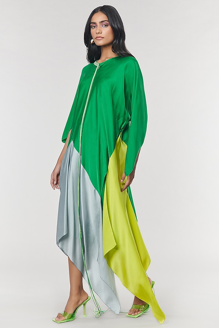 Neon & Green Colorblock Fringed Neckline Asymmetrical Dress by Amit ...