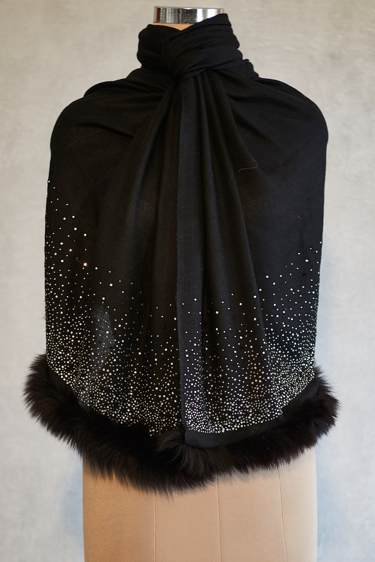 Black Swarovski Embroidered Shawl With Faux Fur by Wrapture by Suzanne ...