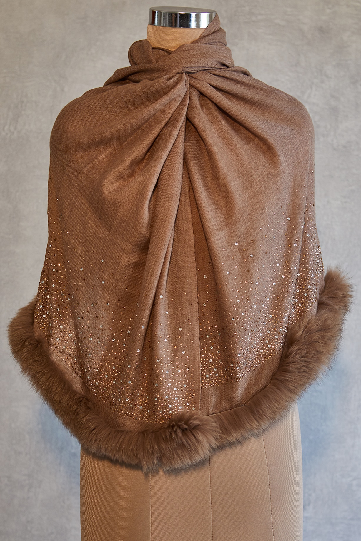 Brown Swarovski Embroidered Shawl With Faux Fur by Wrapture by Suzanne ...