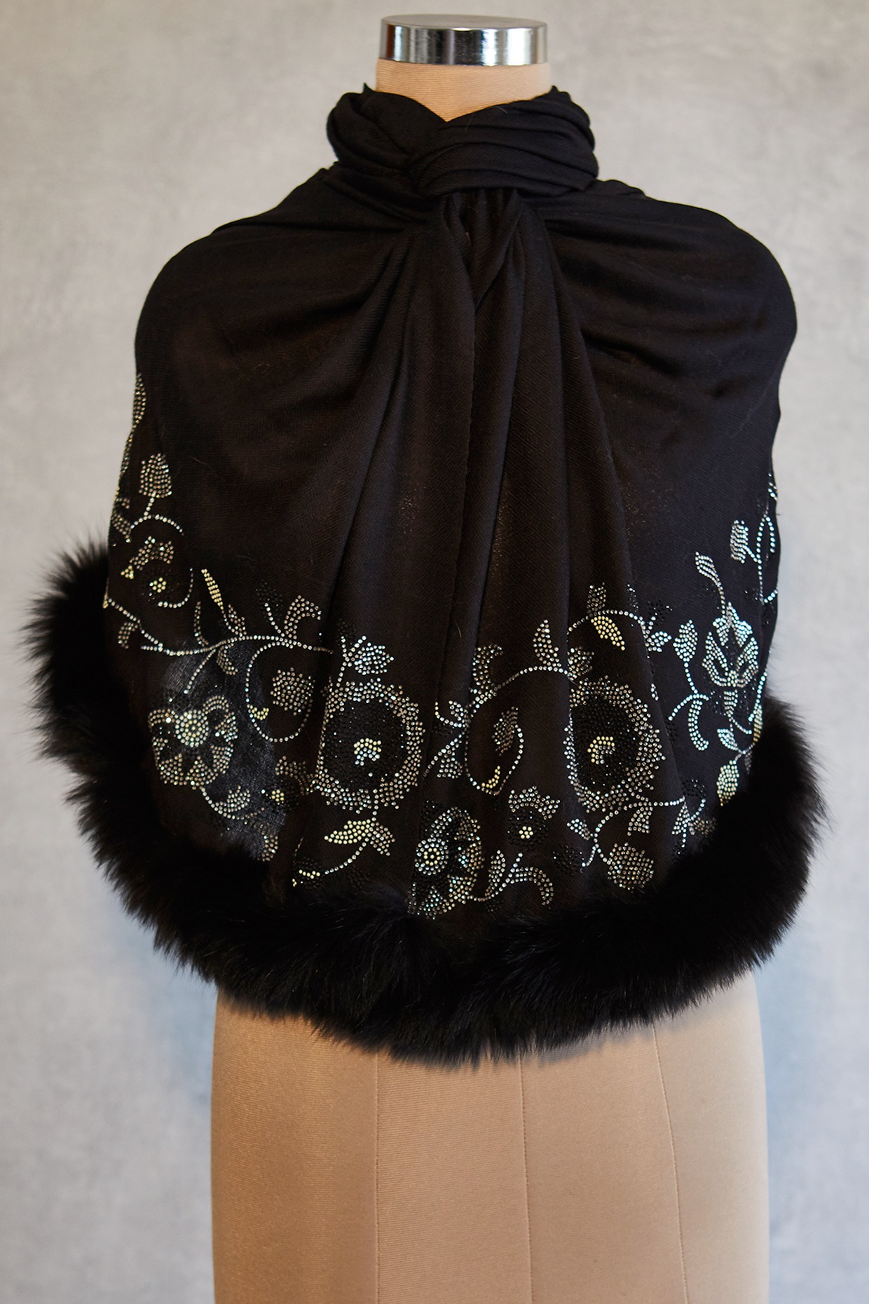 Black Swarovski Floral Embroidered Shawl With Faux Fur by Wrapture by ...