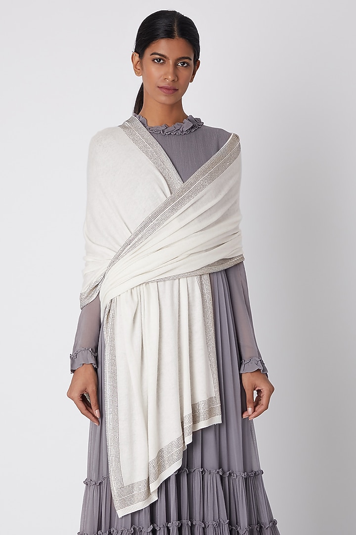 White Knitted & Swarovski Crystal Embroidered Shawl Design by Wrapture ...