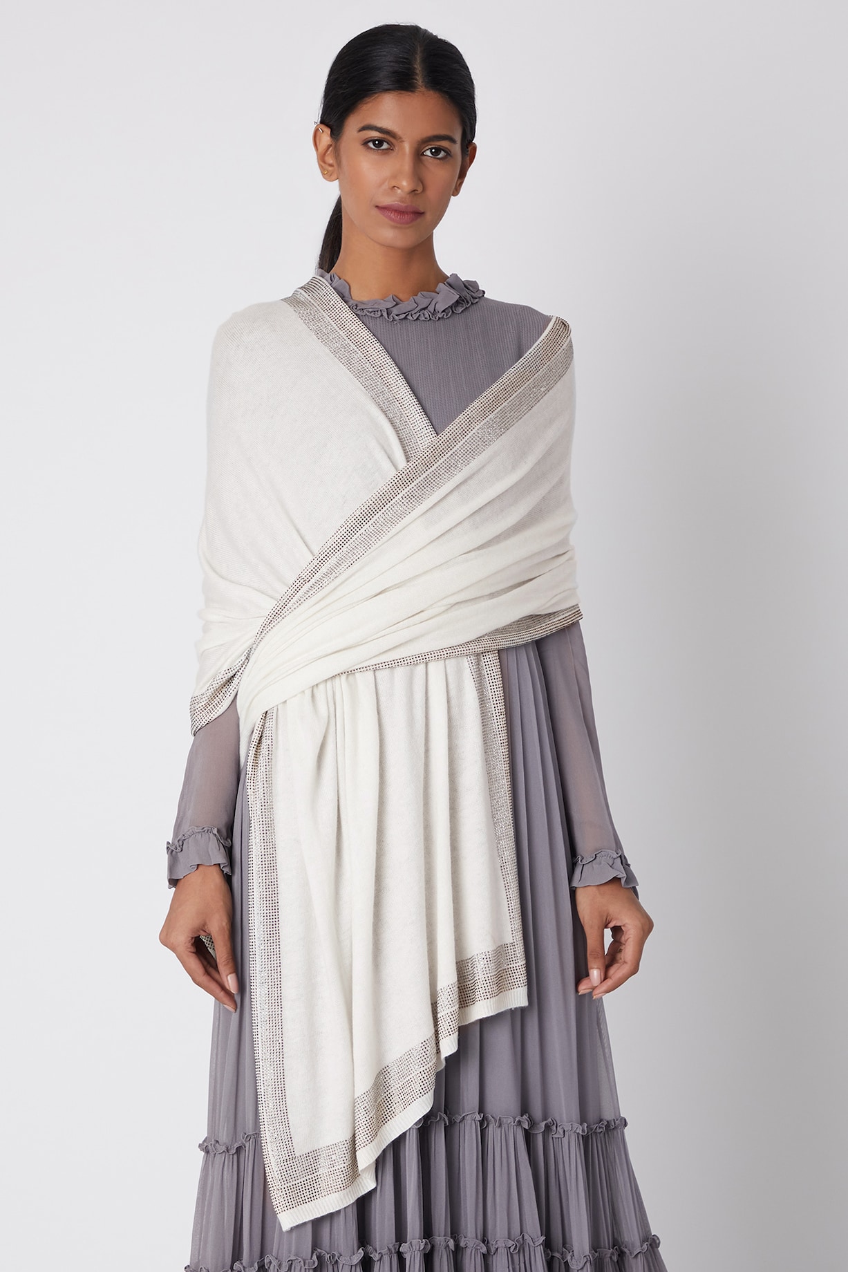 White Knitted & Swarovski Crystal Embroidered Shawl Design by Wrapture ...