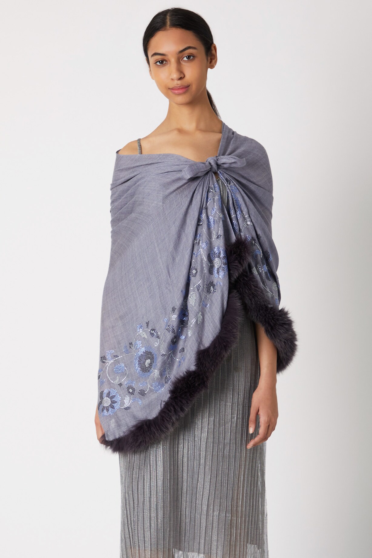 Sky Blue Swarovski Embroidered Shawl With Fur by Wrapture by Suzanne at ...