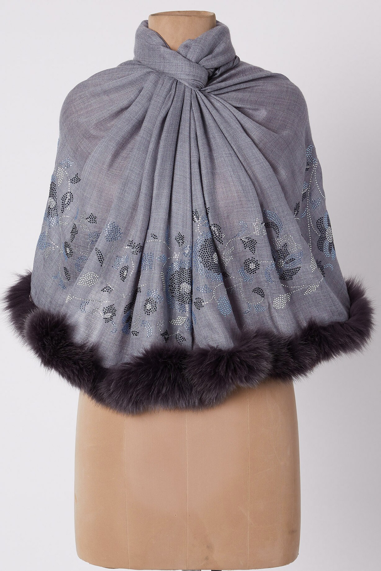 Sky Blue Swarovski Embroidered Shawl With Fur by Wrapture by Suzanne at ...