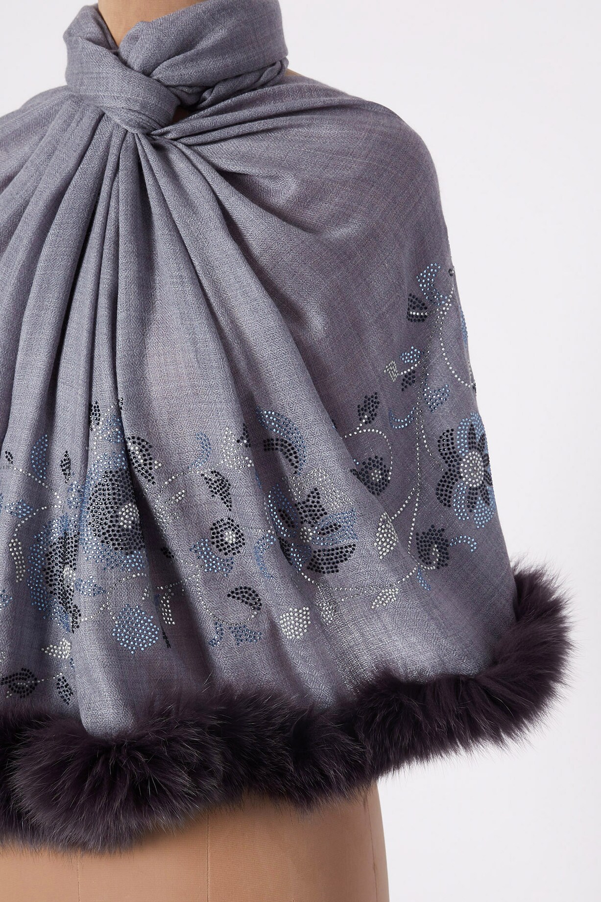 Sky Blue Swarovski Embroidered Shawl With Fur by Wrapture by Suzanne at ...
