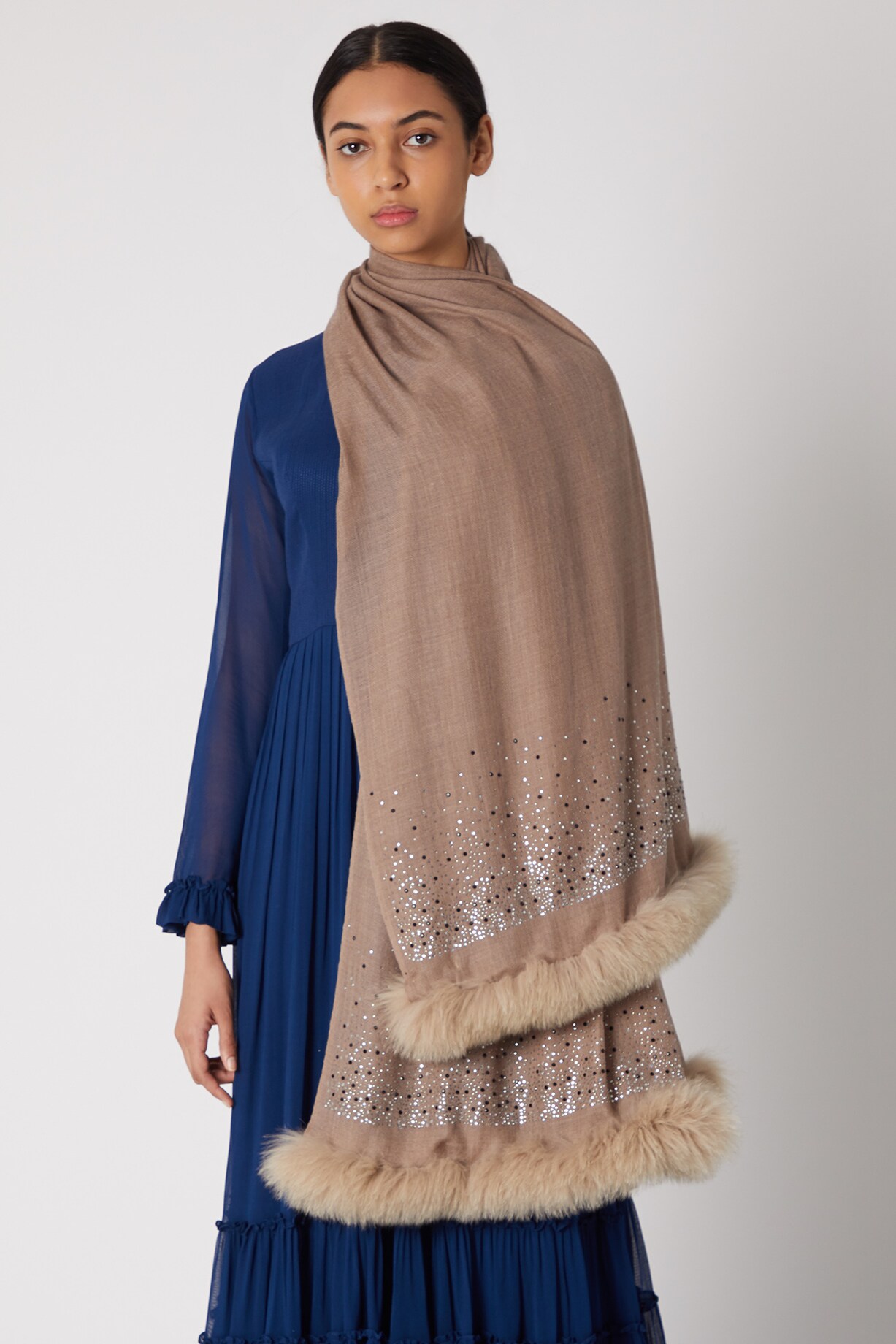 Beige Swarovski Embroidered Shawl With Faux Fur by Wrapture by Suzanne ...