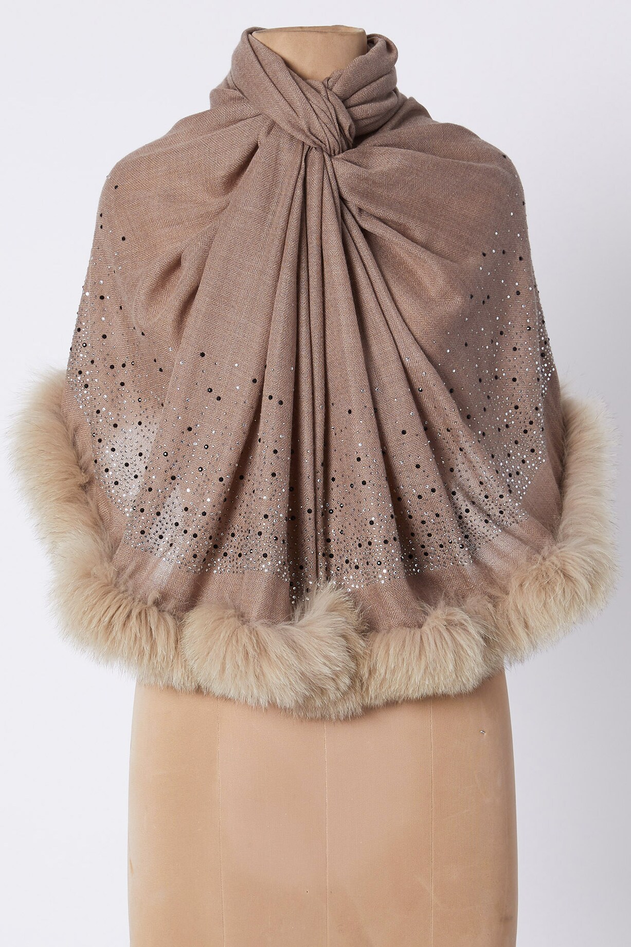 Beige Swarovski Embroidered Shawl With Faux Fur by Wrapture by Suzanne ...