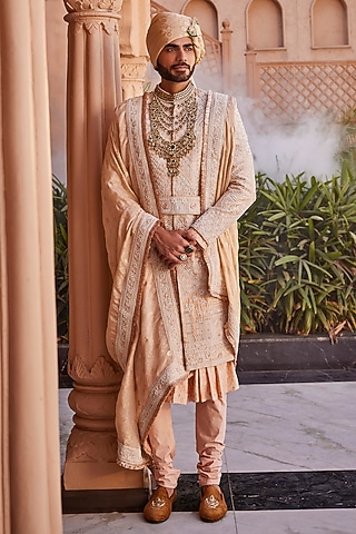 Rose Gold Silk Resham Embroidered Groom Sherwani Set by YAJY By Aditya ...