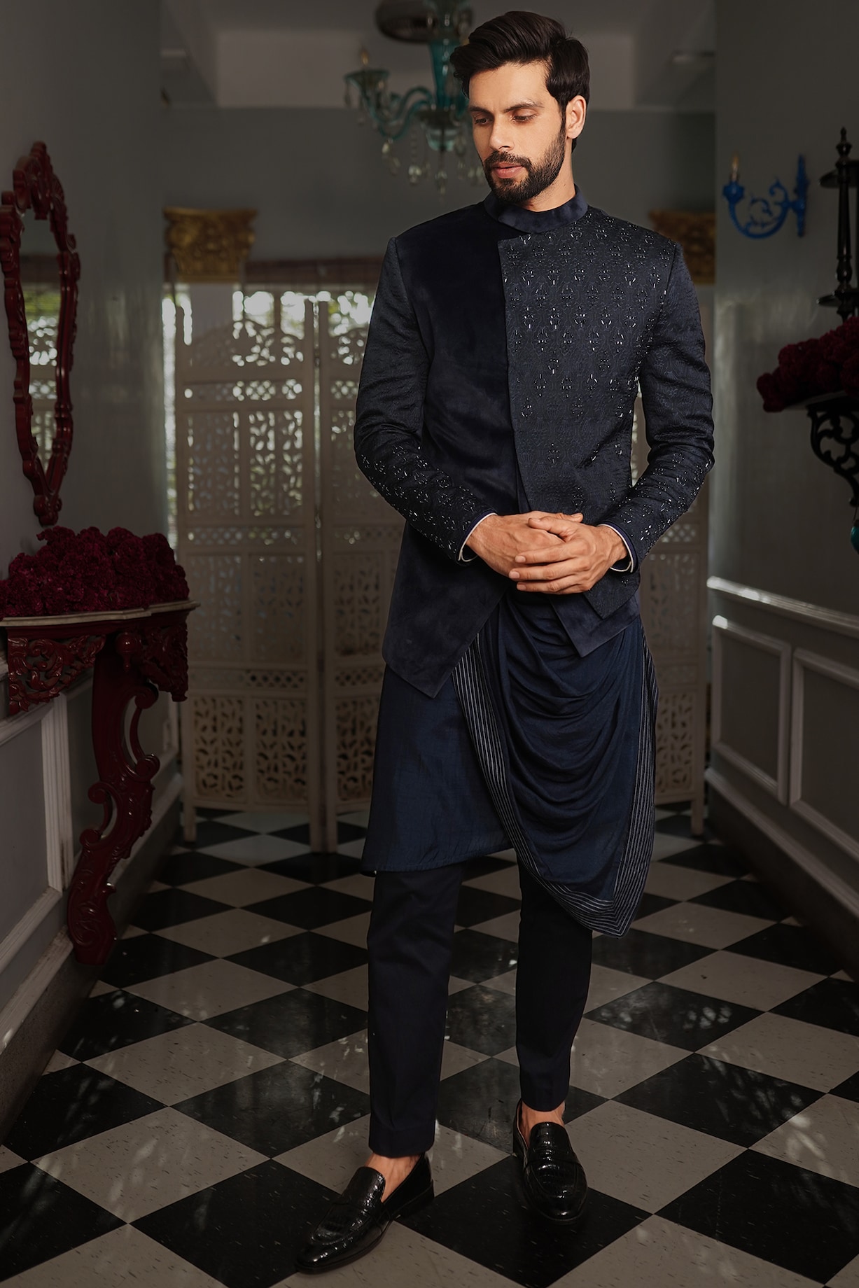 Buy YAJY By Aditya Jain Midnight Blue Embellished Bandhgala Set at ...